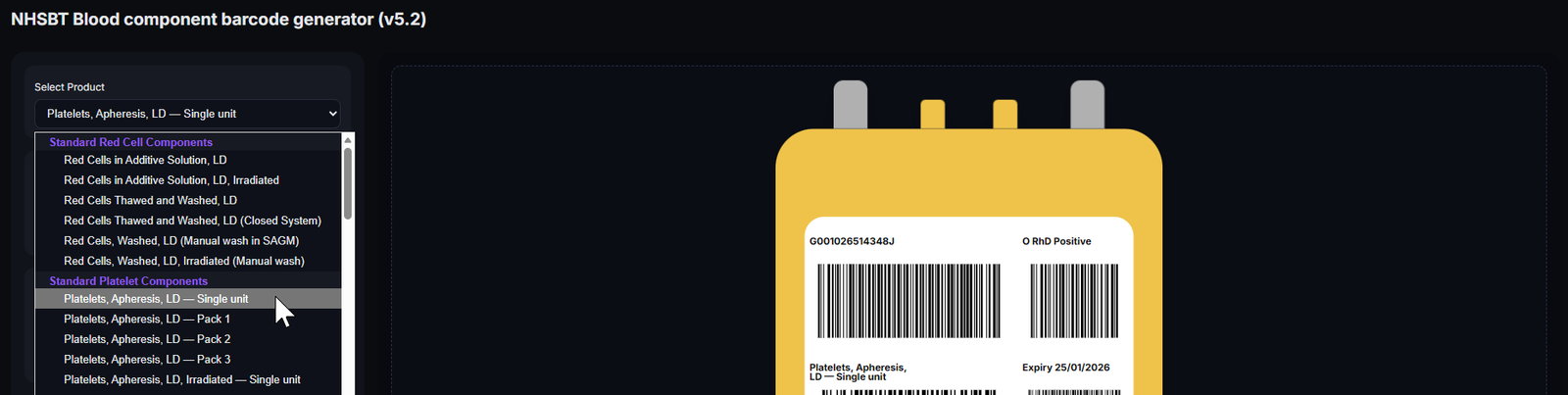 Blood component barcode generator – Only Cells